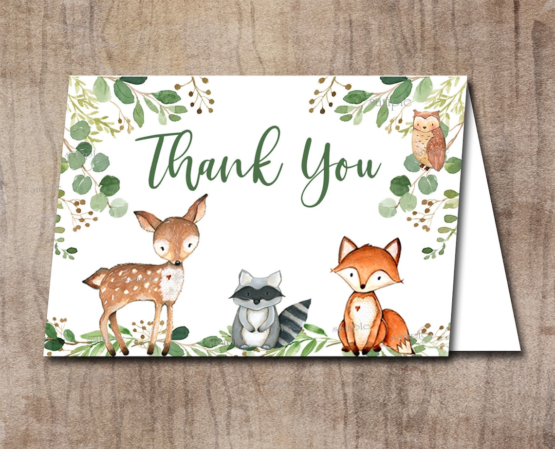Woodland Thank You Card Printable Greenery Woodland Animals - Etsy