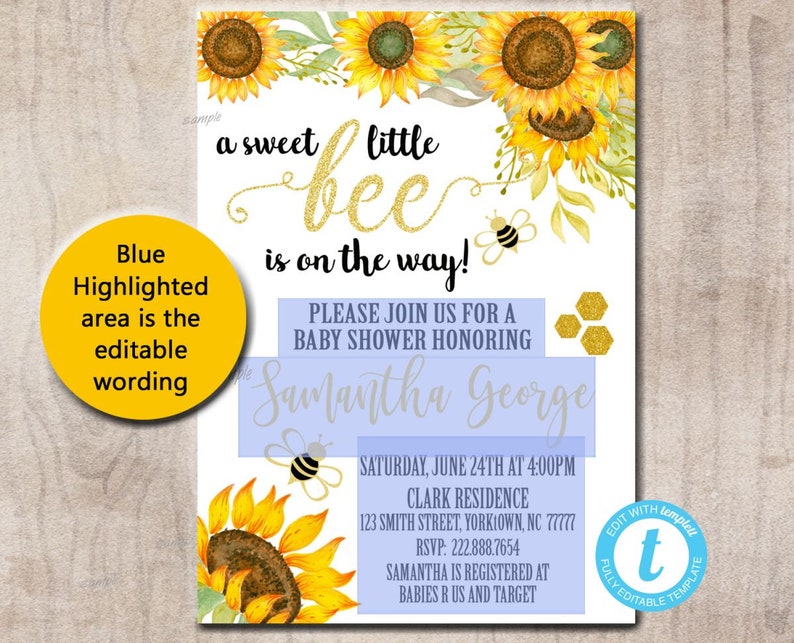 Bumble Bee Baby Shower Invitation Set Editable Invitation - Etsy