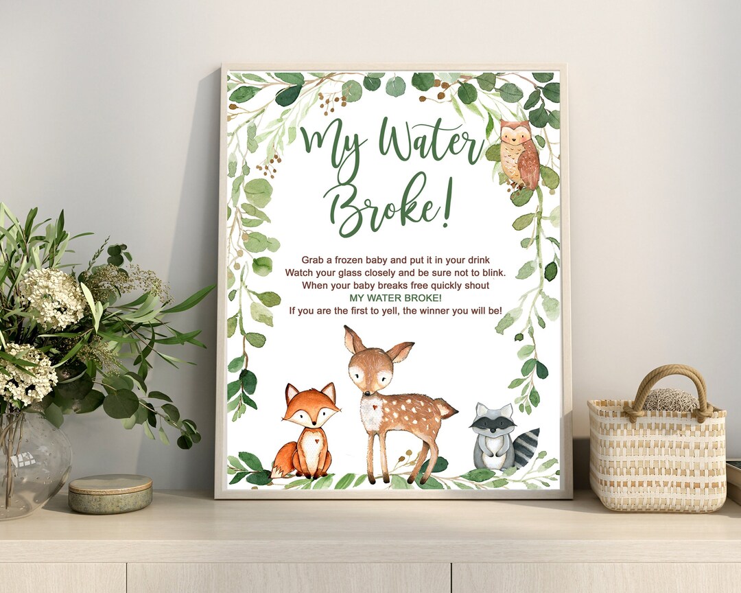 Woodland Game Sign, My Water Broke, Woodland Animals Water Broke Baby ...