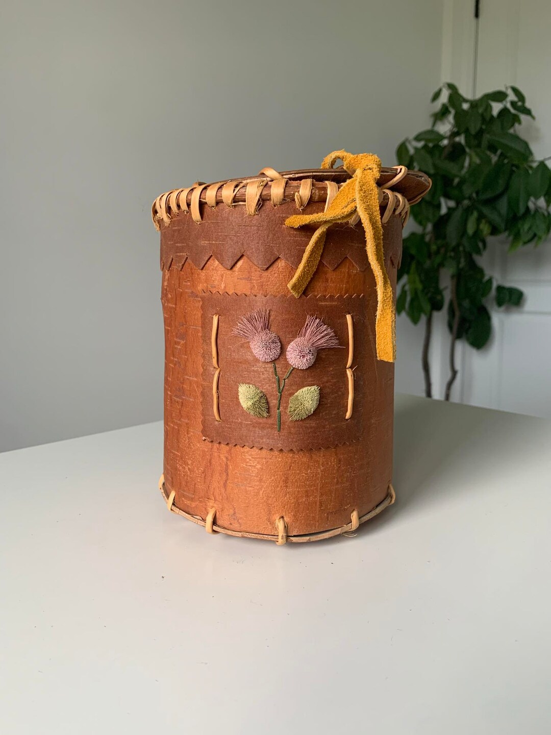 Indigenous Birchbark Container With Tufted Moose Hair Flowers Signed by ...