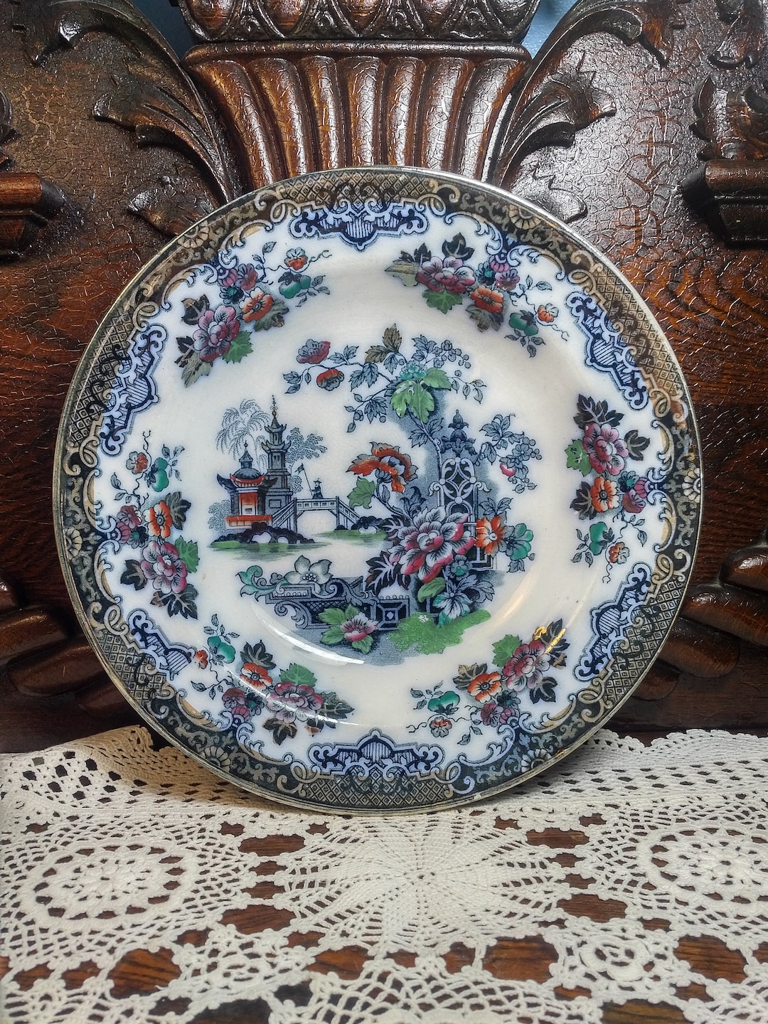 Sobraon Flow Blue Soup Bowl Polychrome Pagoda Flowers Earthenware ...