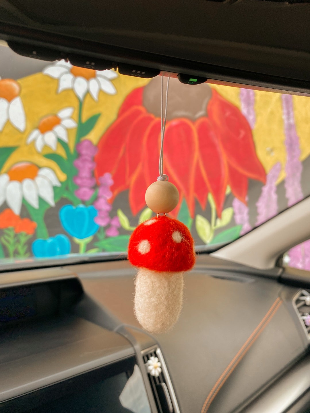 Mushroom Pom Pom Car Charm Cottagecore Essential Oil Diffuser Rear View ...