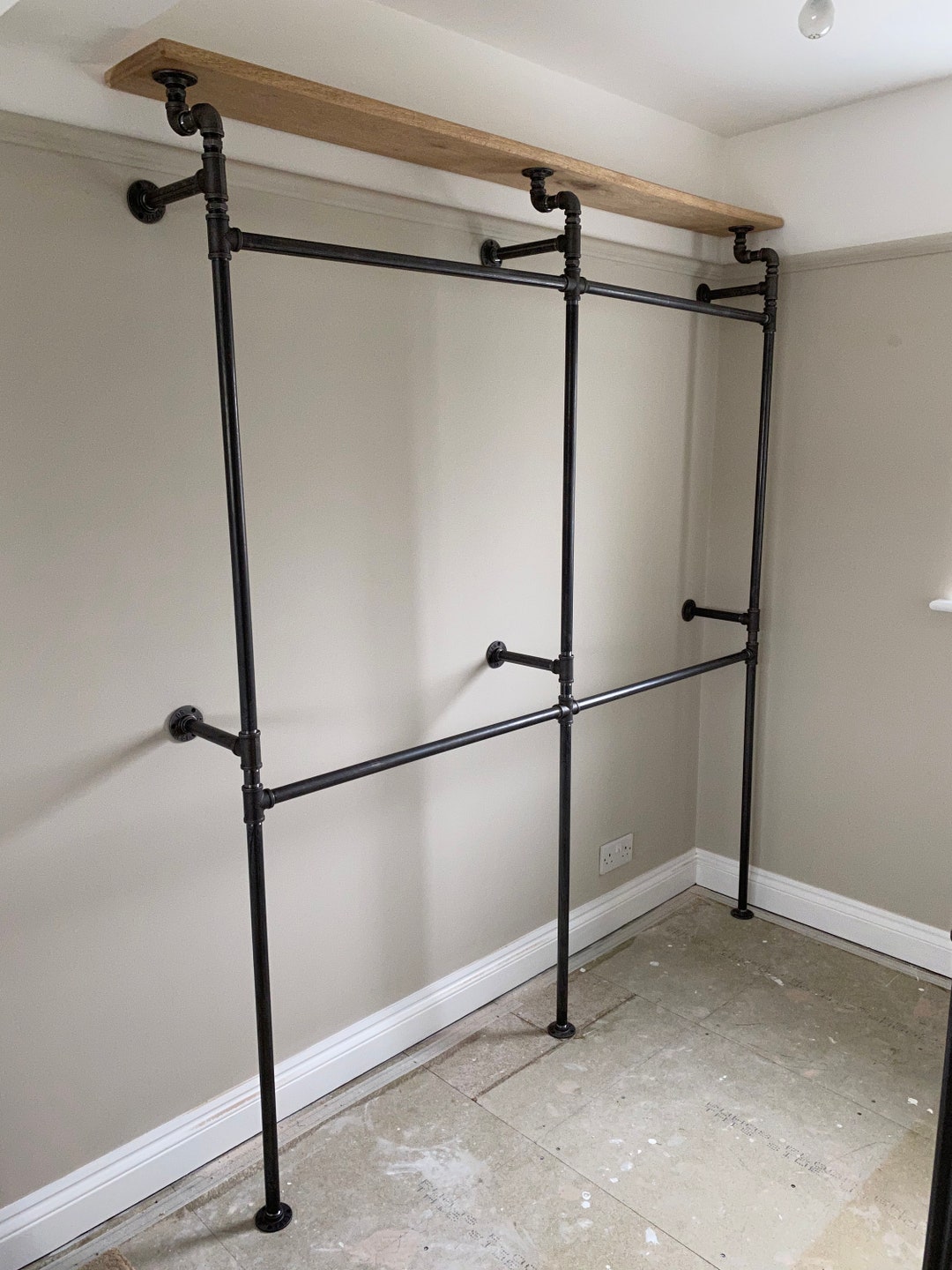 Urban Living Industrial Black Clothes Rail With Wooden Oak Shelf ...