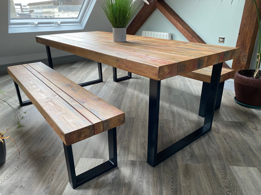 Colourful Dining Table & Bench Set Combo With Black Steel Square Legs ...