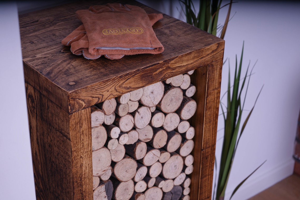 Rustic Wooden Pine Indoor Log Store – Chunky Firewood Rack, Dark Oak ...