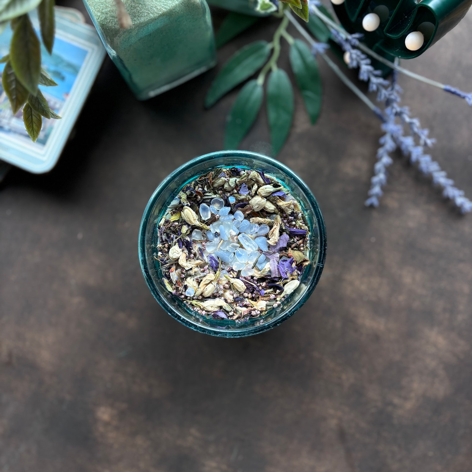 Sweet Moss Scented Blue Glass Soy Wax Candle Smothered in Jasmine Buds ...