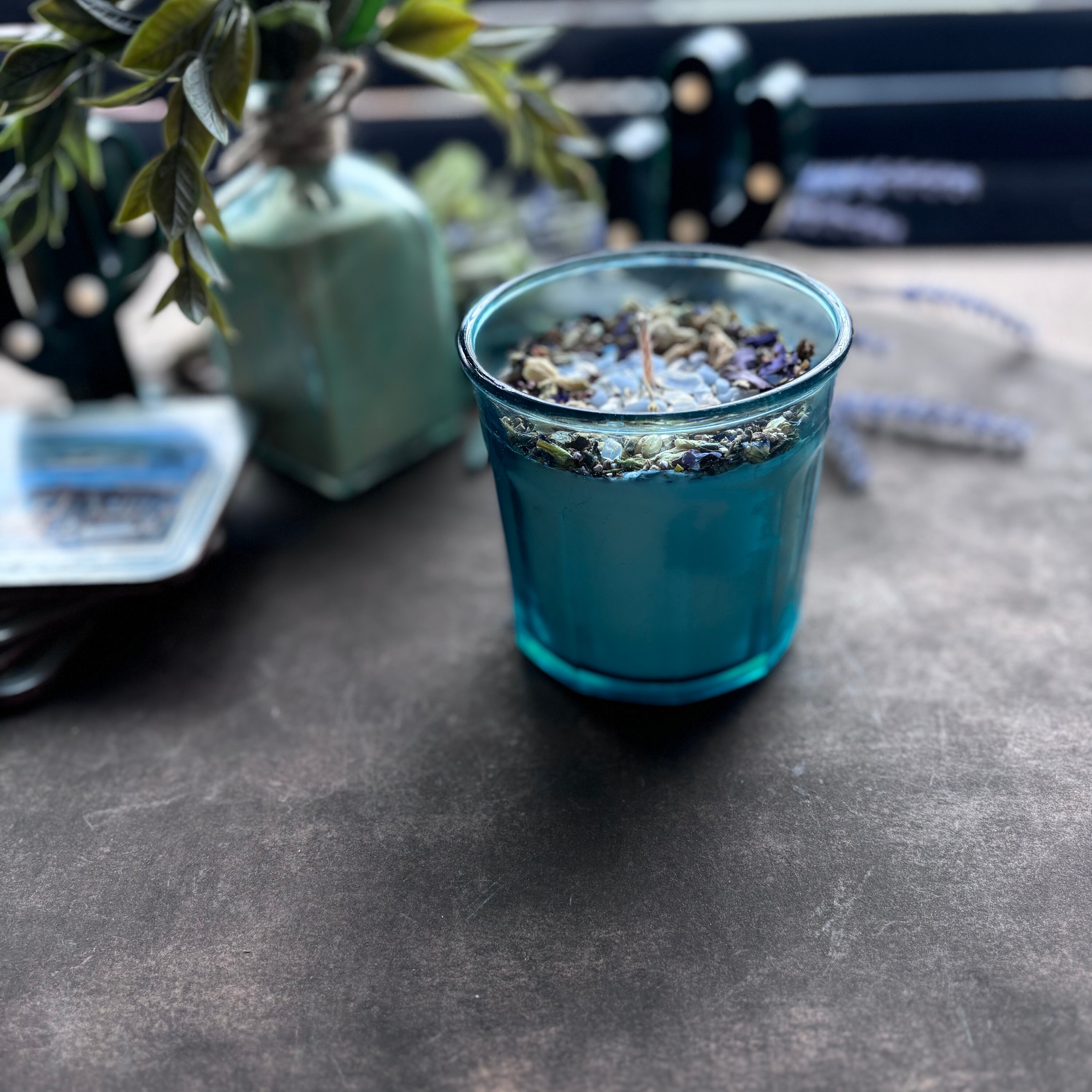 Sweet Moss Scented Blue Glass Soy Wax Candle Smothered in Jasmine Buds ...