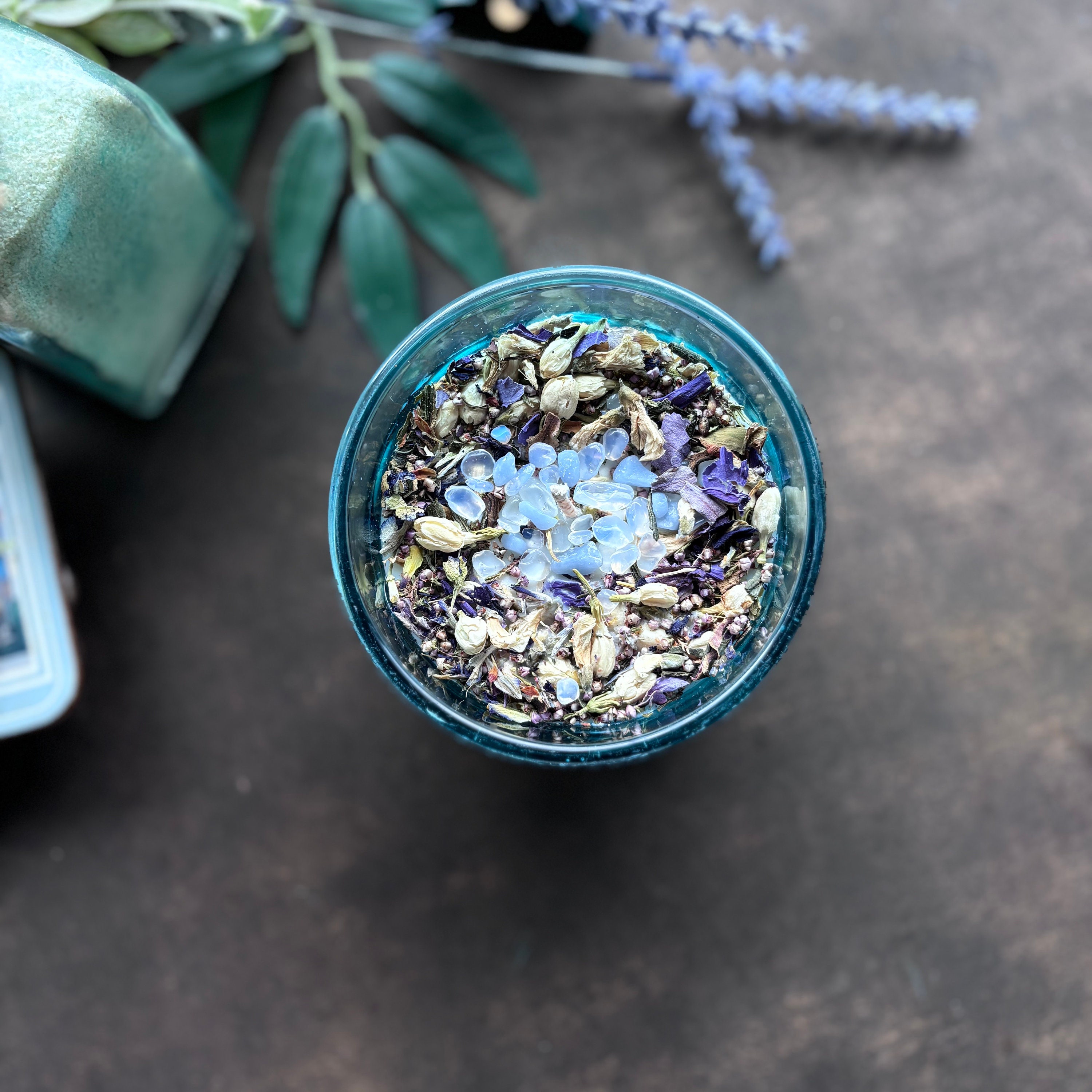 Sweet Moss Scented Blue Glass Soy Wax Candle Smothered in Jasmine Buds ...