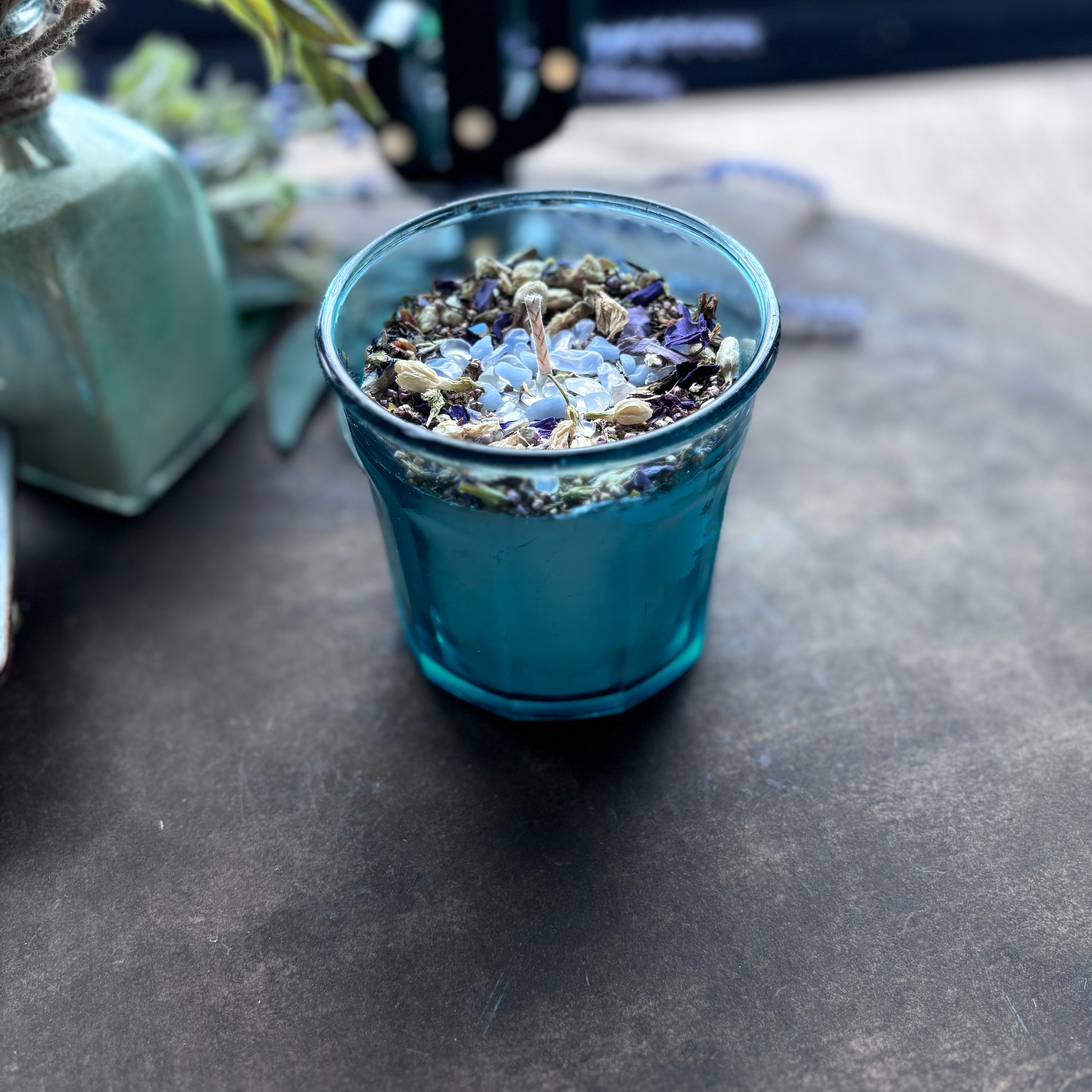 Sweet Moss Scented Blue Glass Soy Wax Candle Smothered in Jasmine Buds ...