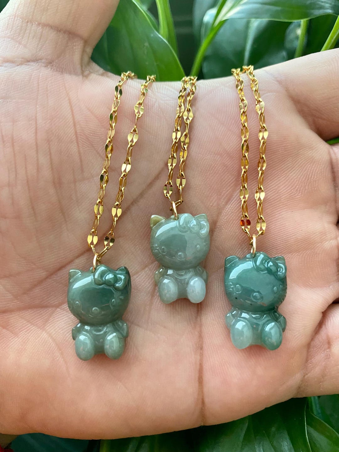 Beautiful Natural Dark Green Jade Hello Kitty Necklace - Etsy