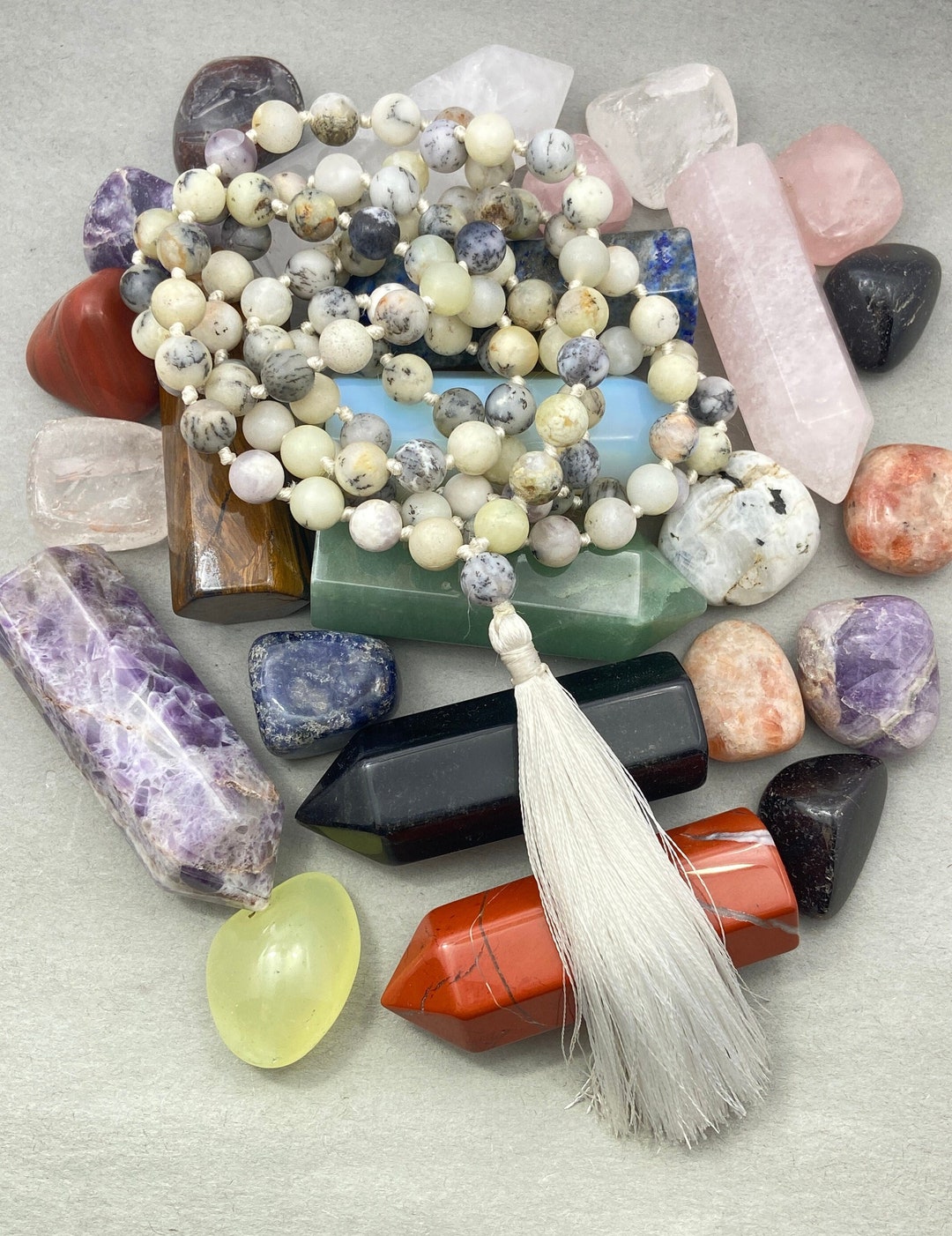 Merlinite Mala, Dendritic Opal Mala Beads Necklace, White & Gray ...