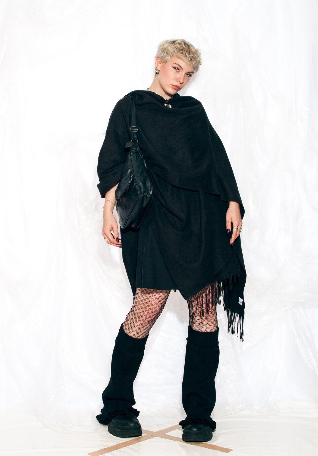 Vintage Y2K Knit Poncho Scarf in Black 2000s Grunge Goth Soft - Etsy