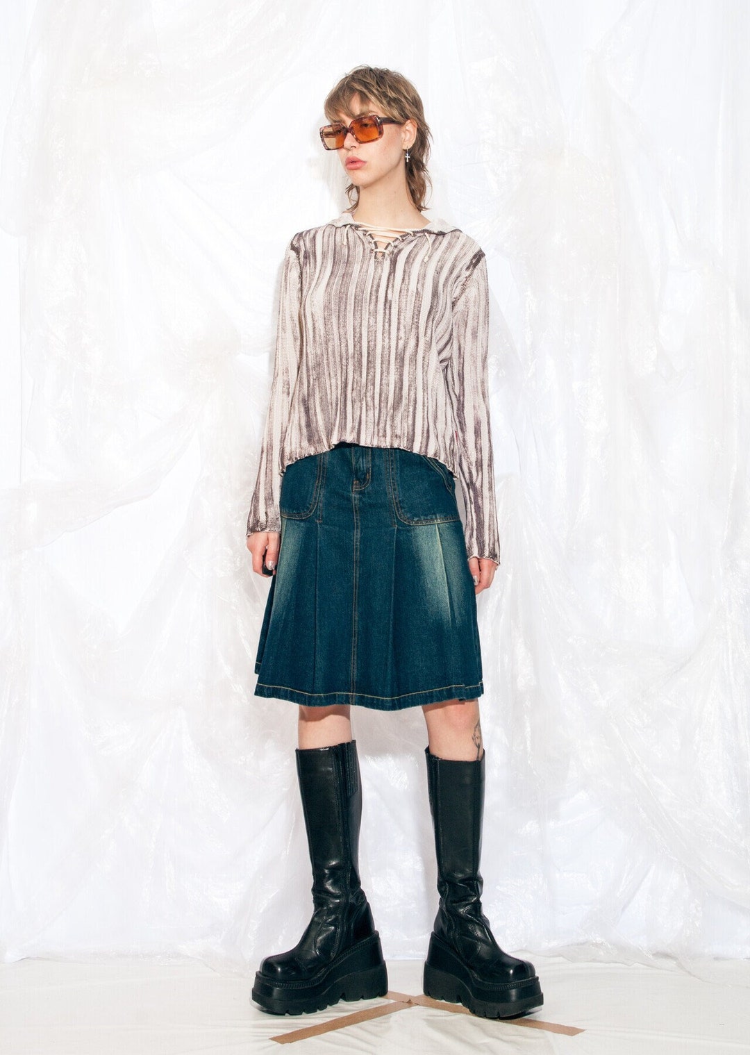 Vintage Y2K Ribbed Knit Jumper in Beige and Brown Reworked 2000s Hand ...