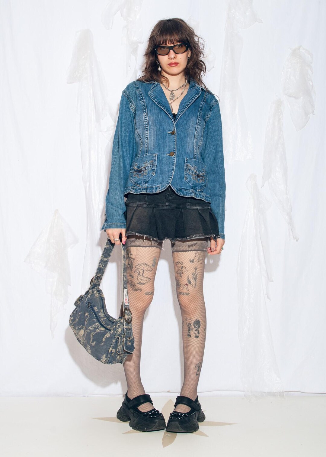 Vintage Y2K Denim Jacket in Blue - 2000s Butterfly Embroidery Blazer ...