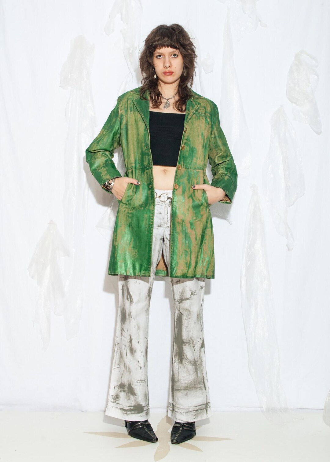 Reworked Vintage Y2K Leather Coat in Hand-painted Metallic Green ...