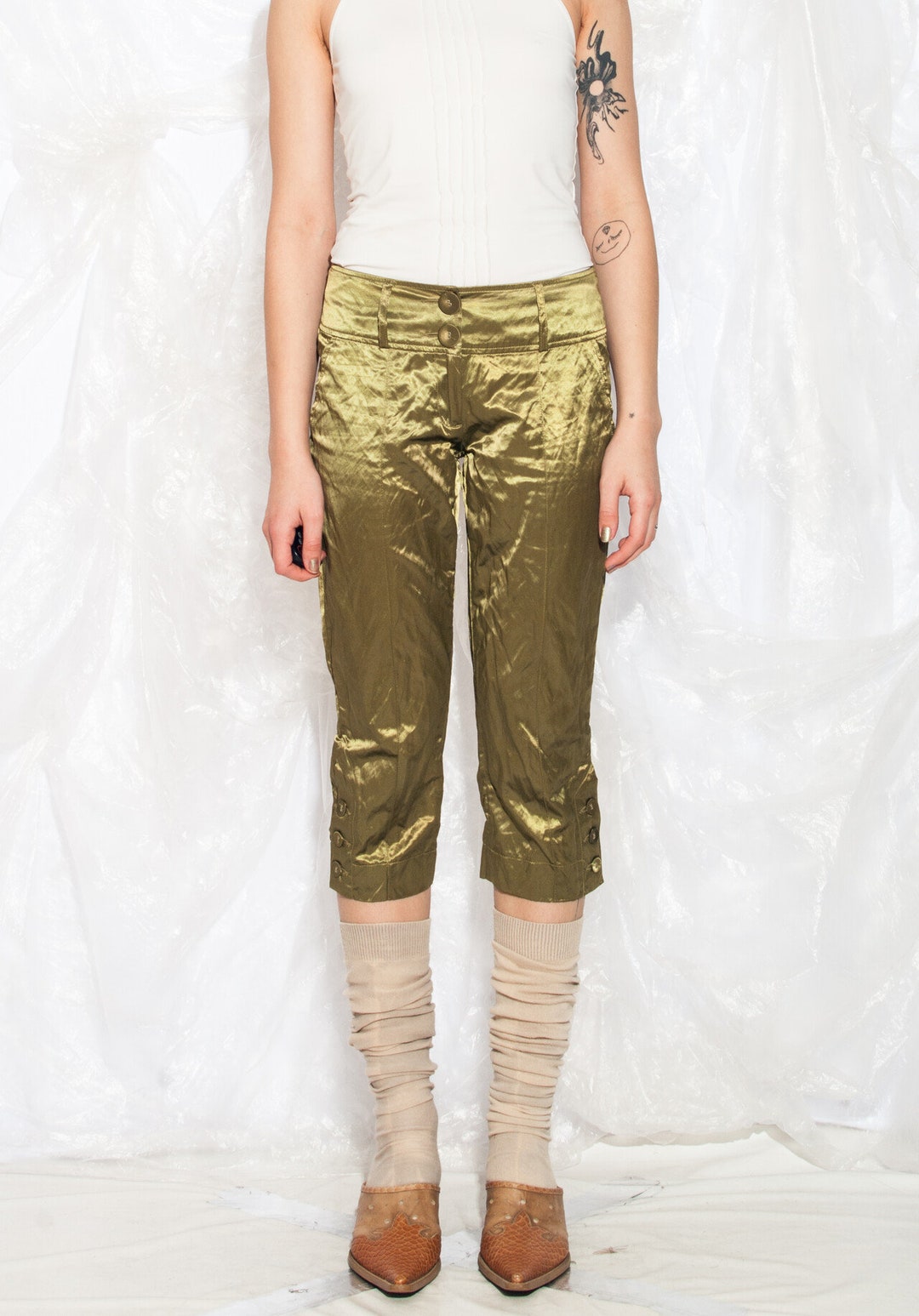 Vintage Y2K Capri Pants in Green Satin 2000s Low Rise Short Knee ...