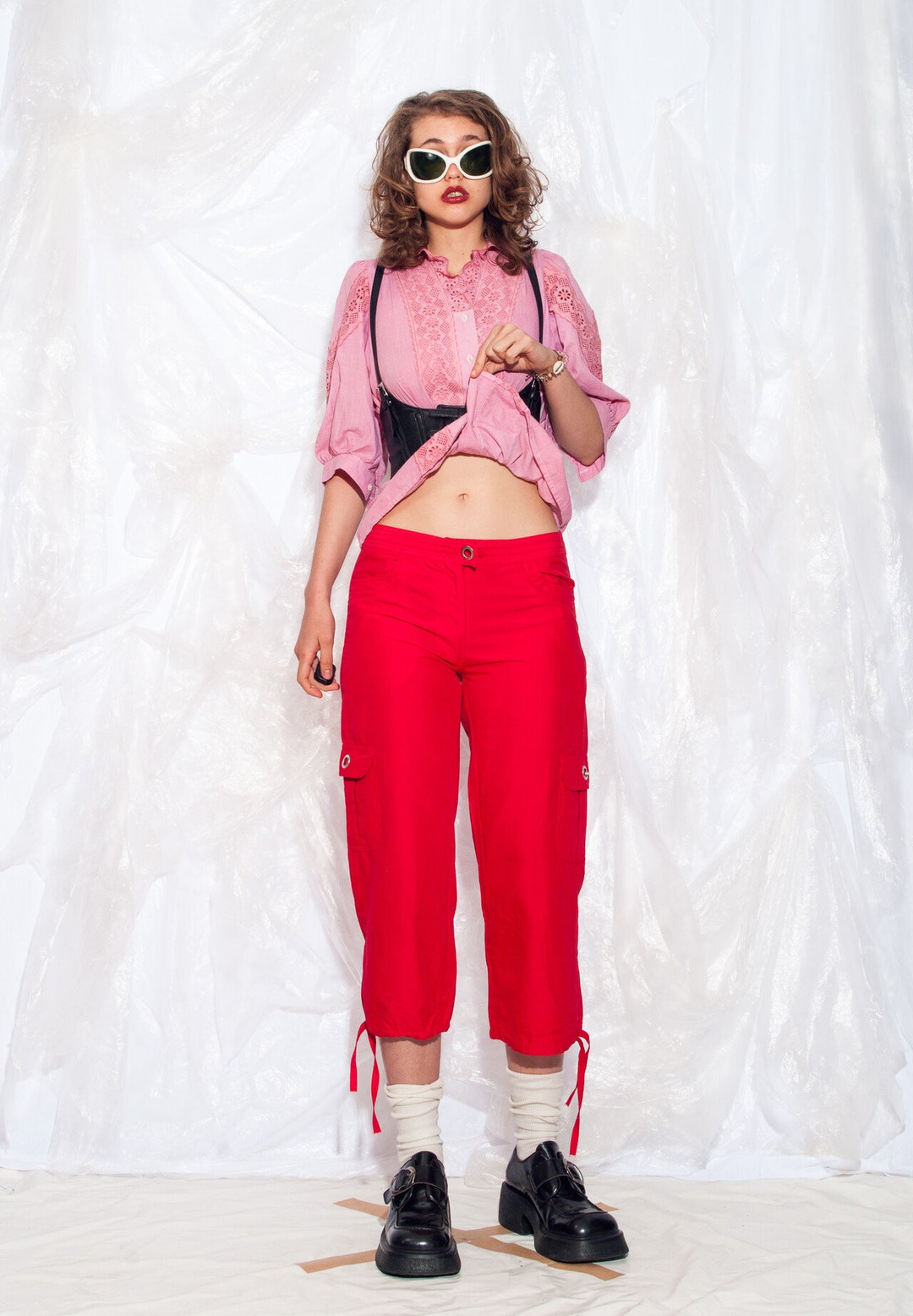 Vintage Y2K Cargo Trousers in Red Gorpcore 2000s Utility Style Bermudas ...
