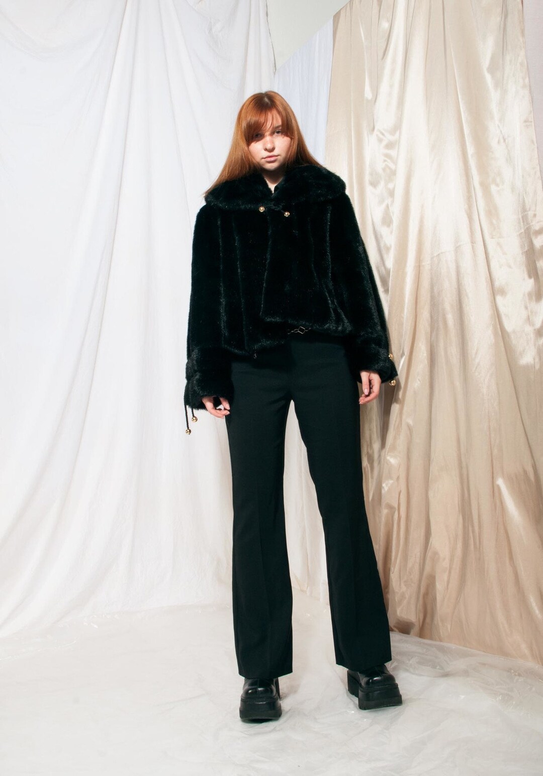 Vintage Faux Fur Coat 90s Rework Cropped Black Plush Jacket 1990s Glam ...