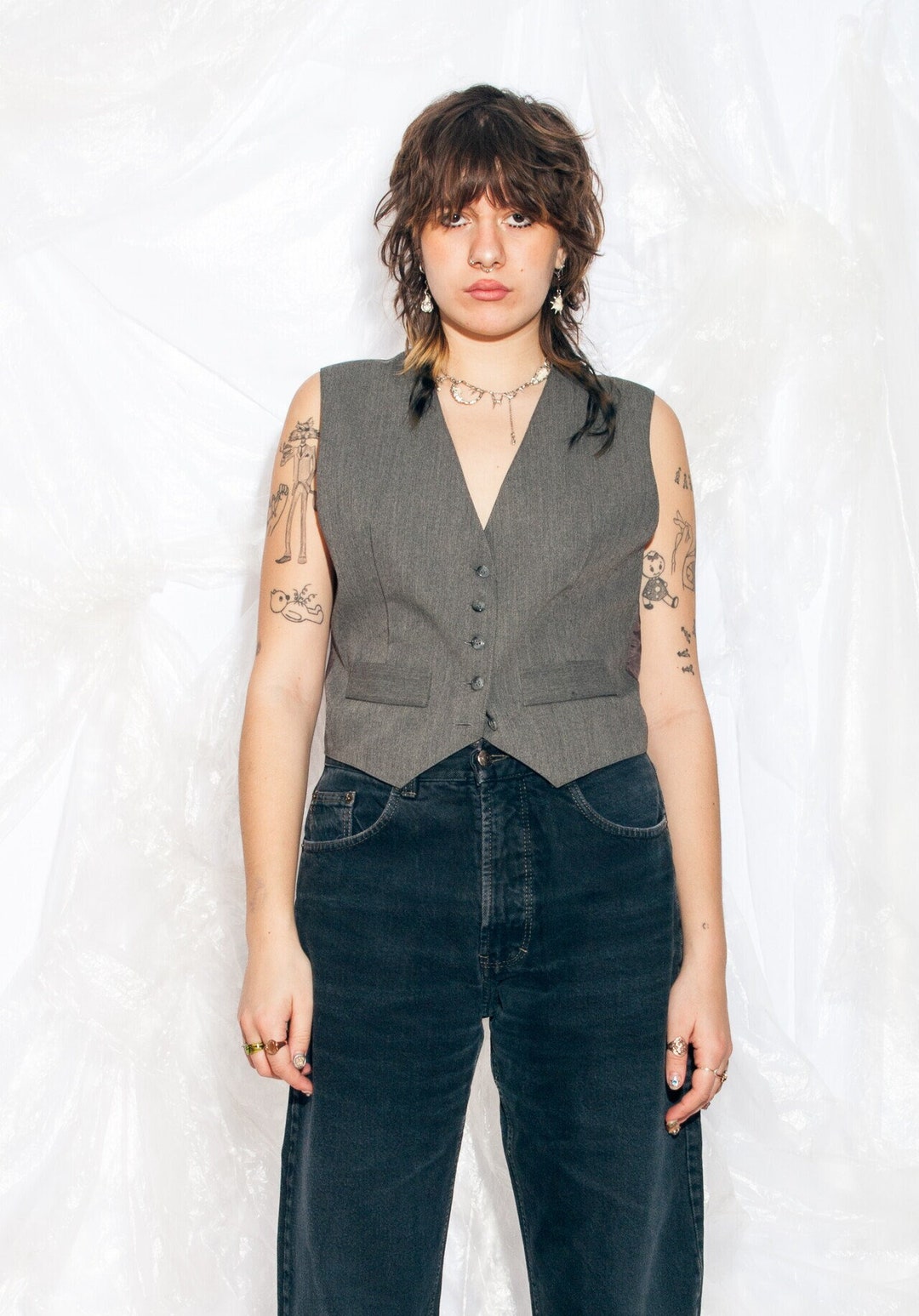 Vintage Y2K Vest in Grey Gender Free 2000s Dark Academia Waistcoat ...