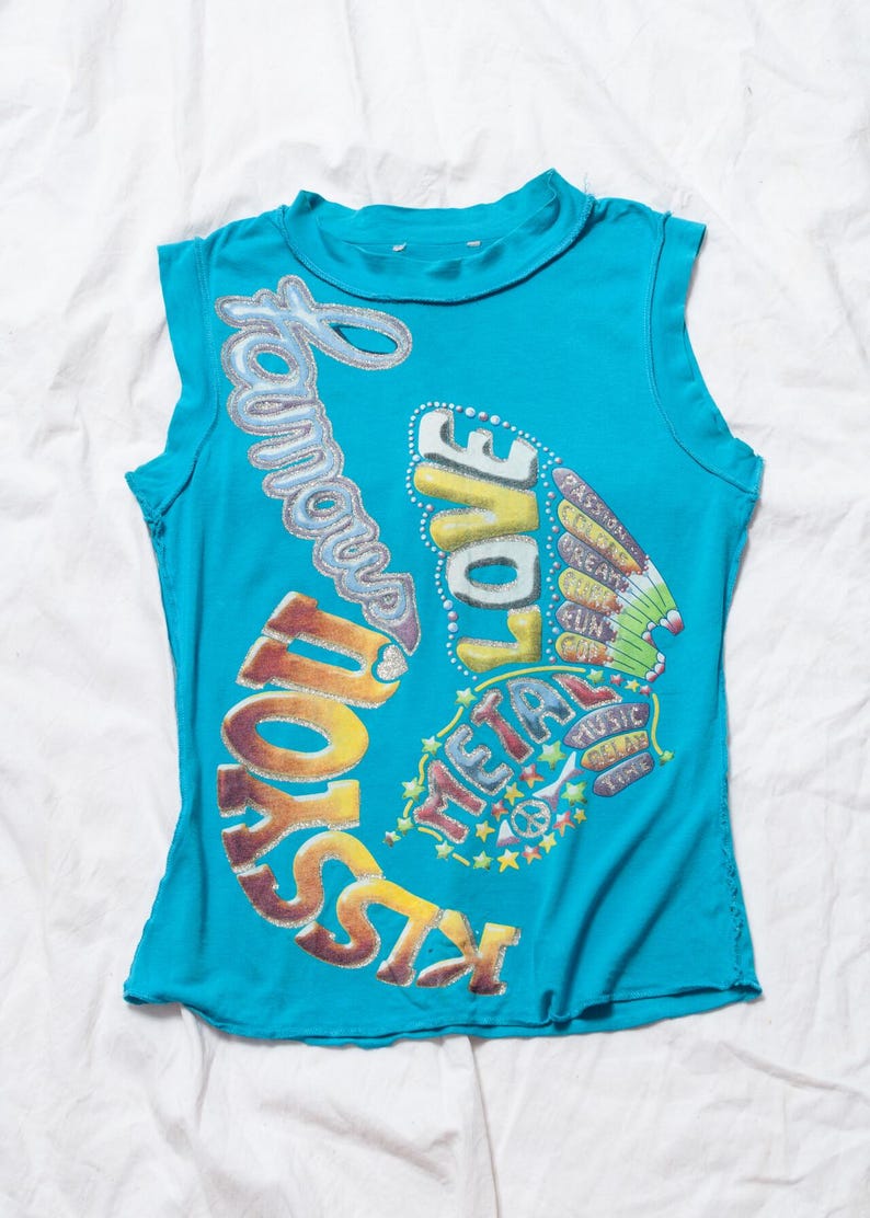 Vintage Y2K Crop Top in Blue - 2000s Boho Glam Butterfly Metal Love ...