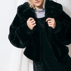 Vintage Faux Fur Coat 90s Rework Cropped Black Plush Jacket 1990s ...