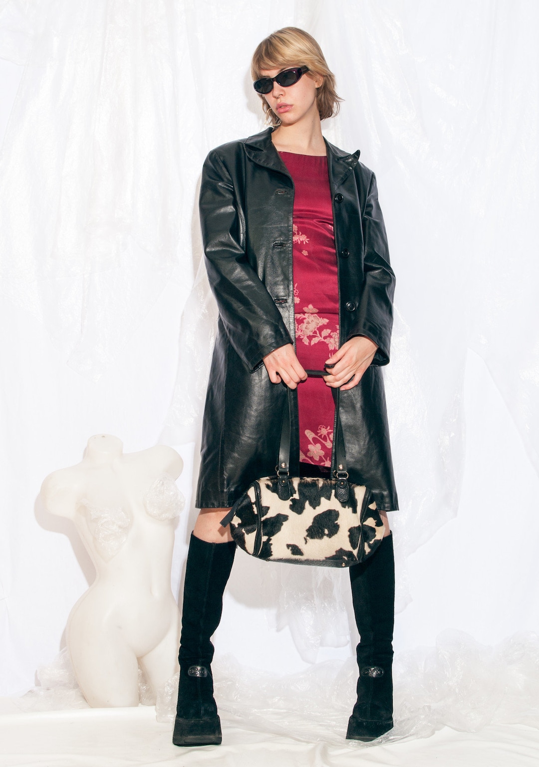 Vintage 90s Leather Coat in Shiny Black Matrix 1990s Y2K Long - Etsy