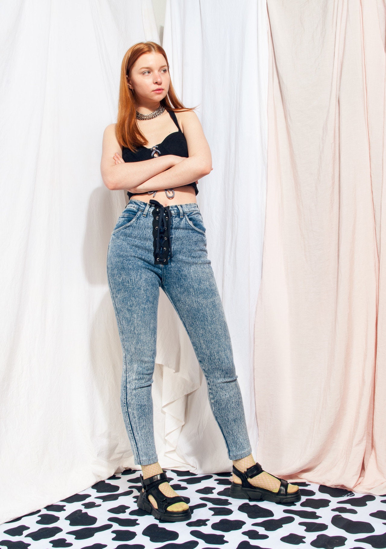 Vintage Jeans 80s Reworked Acid-wash Lace-up Denim Trousers 1980s ...