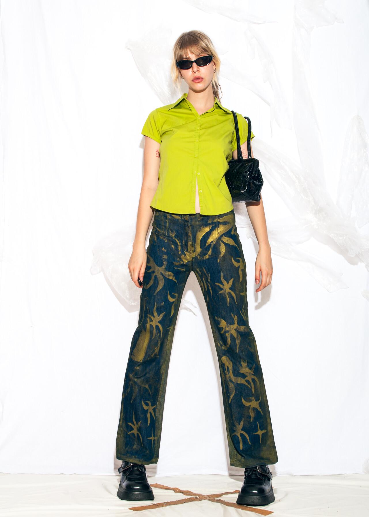 Reworked Vintage Y2K Flare Jeans in Hand Painted Green Blue - 2000s ...