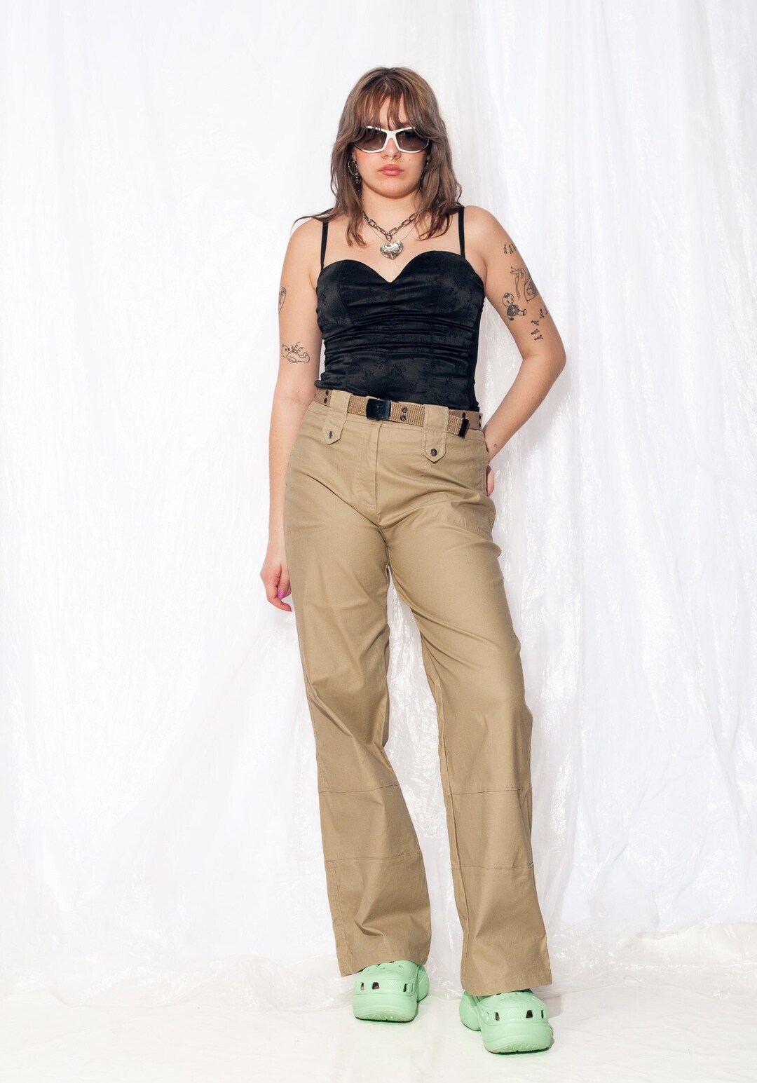 Vintage Cargo Trousers Y2K Wide-leg Flare Pants in Beige 2000s Gorpcore ...