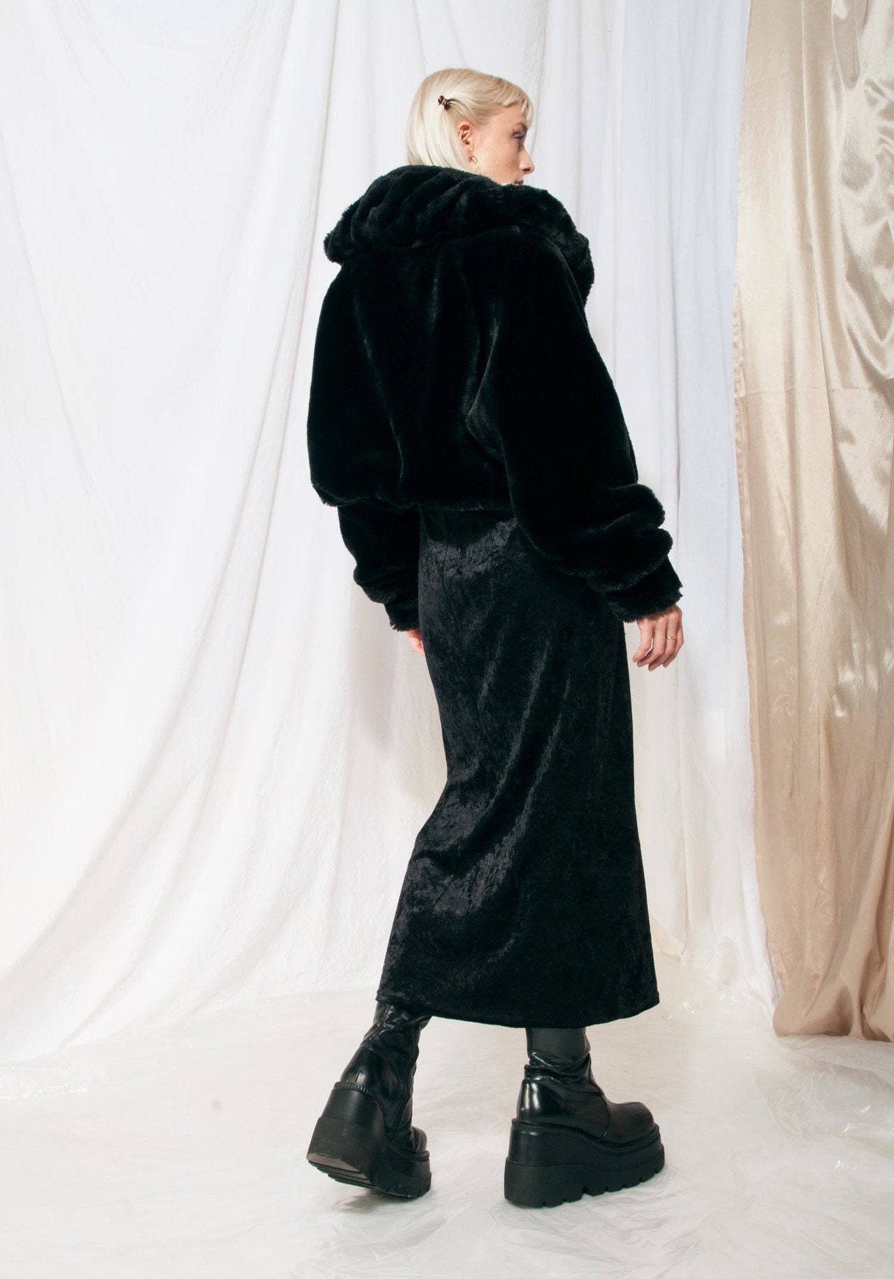 Vintage Faux Fur Coat 90s Rework Cropped Black Plush Jacket - Etsy
