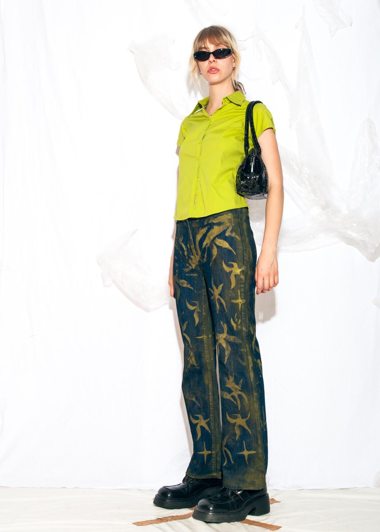 Reworked Vintage Y2K Flare Jeans in Hand Painted Green Blue - 2000s ...