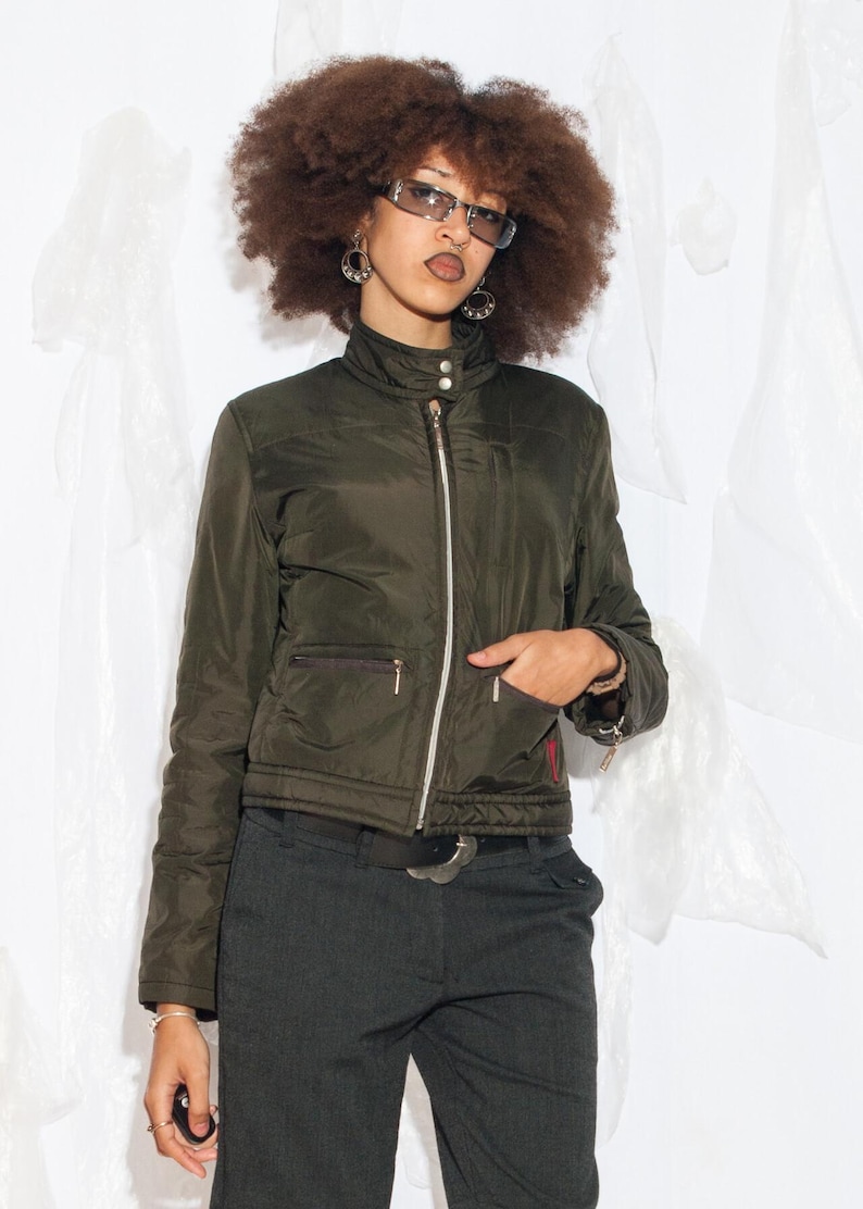 Vintage Y2K Bomber Jacket in Khaki - 2000s Inwear Slim Fit Sporty ...
