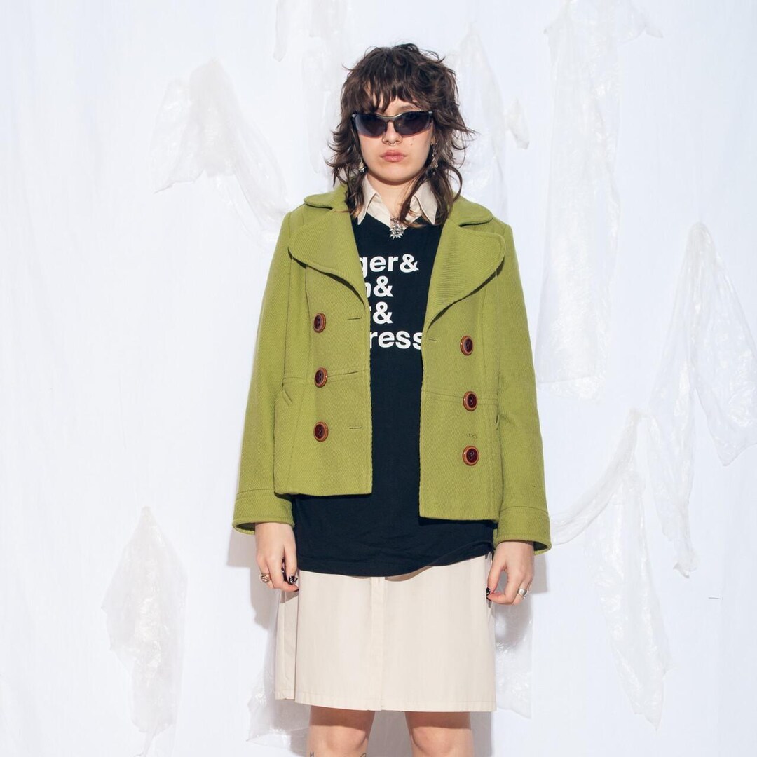 Vintage Y2K Winter Coat in Green Wool Blend - 2000s Double Breasted ...