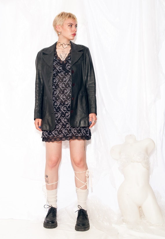 Vintage Leather Coat 90s Matrix Style Jacket in Black… - Gem