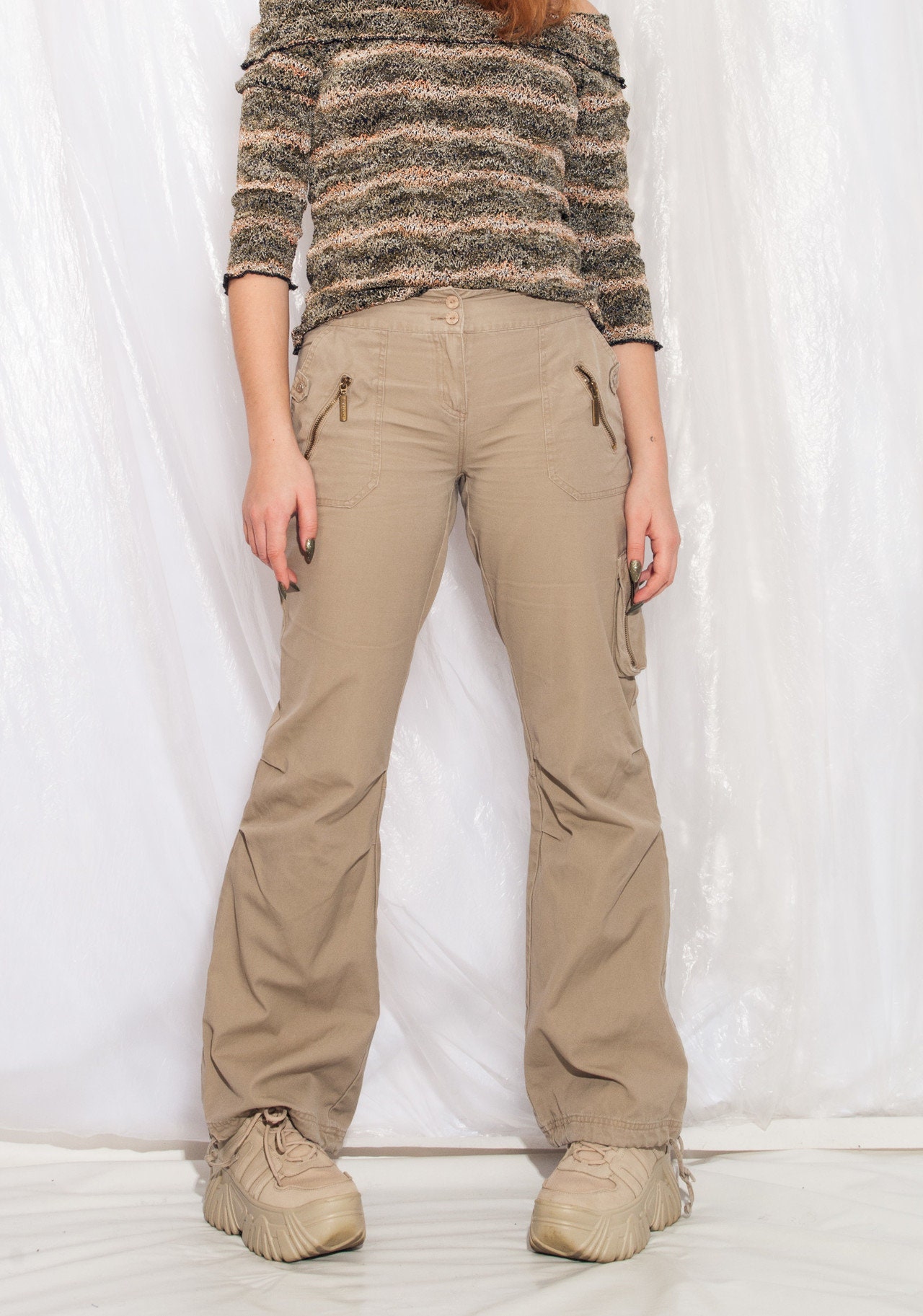 Vintage Cargo Trousers Y2K Tattoo Flare Pants in Beige 2000s Rave ...