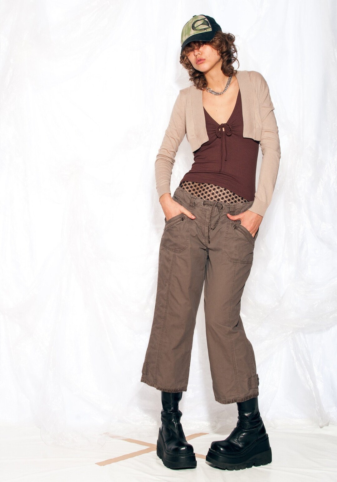 Vintage Y2K Cargo Capri Trousers in Brown 2000s Gorpcore Low Rise Pants ...