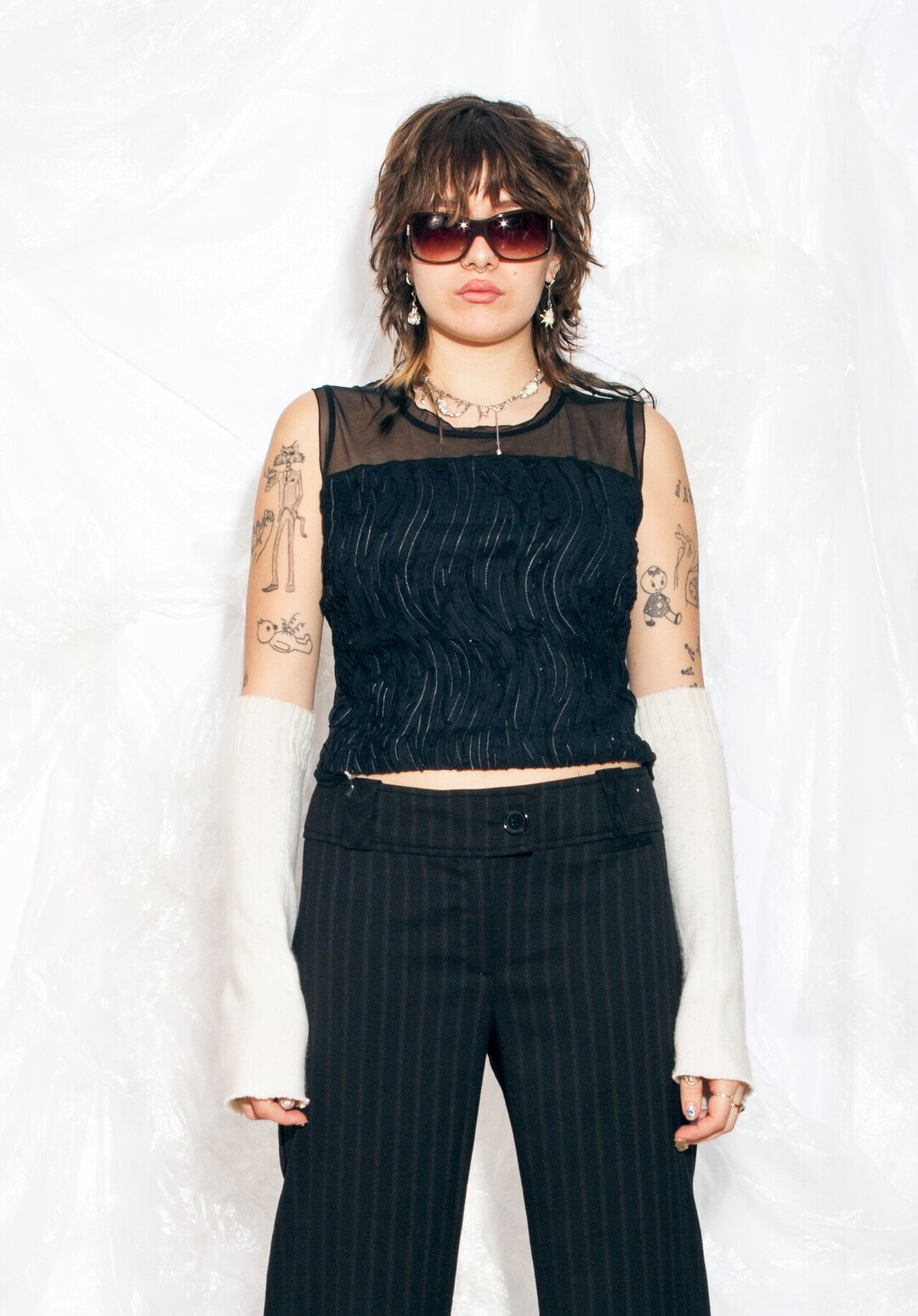 Vintage Y2K Crop Top in Black Mesh 2000s Festival Rave Shirt Gothic ...