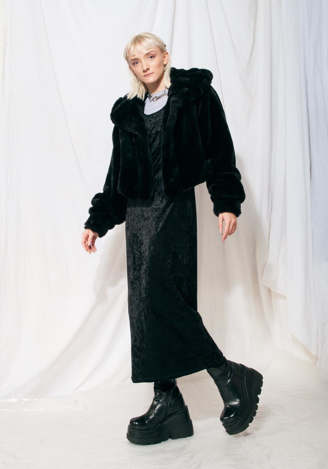 Vintage Faux Fur Coat 90s Rework Cropped Black Plush Jacket 1990s ...