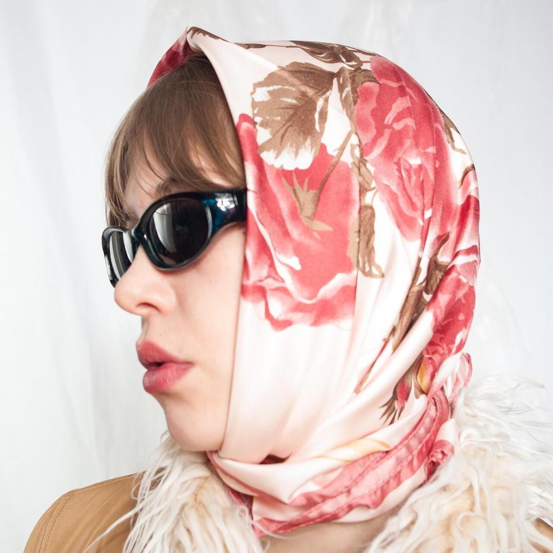 Vintage 80s Silk Scarf in Pink With Rose Pattern - 1980s Pure Silk ...
