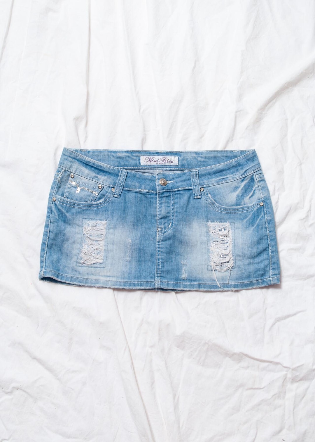 Vintage Y2K Denim Micro Skirt in Blue - 2000s Paris Hilton Distressed ...