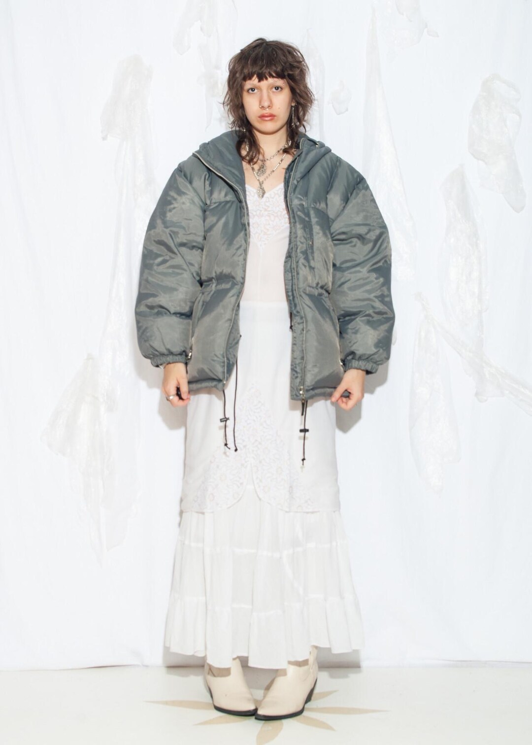 Vintage Y2K Bigarreau Feather Puffer Coat in Silver Grey - 2000s ...