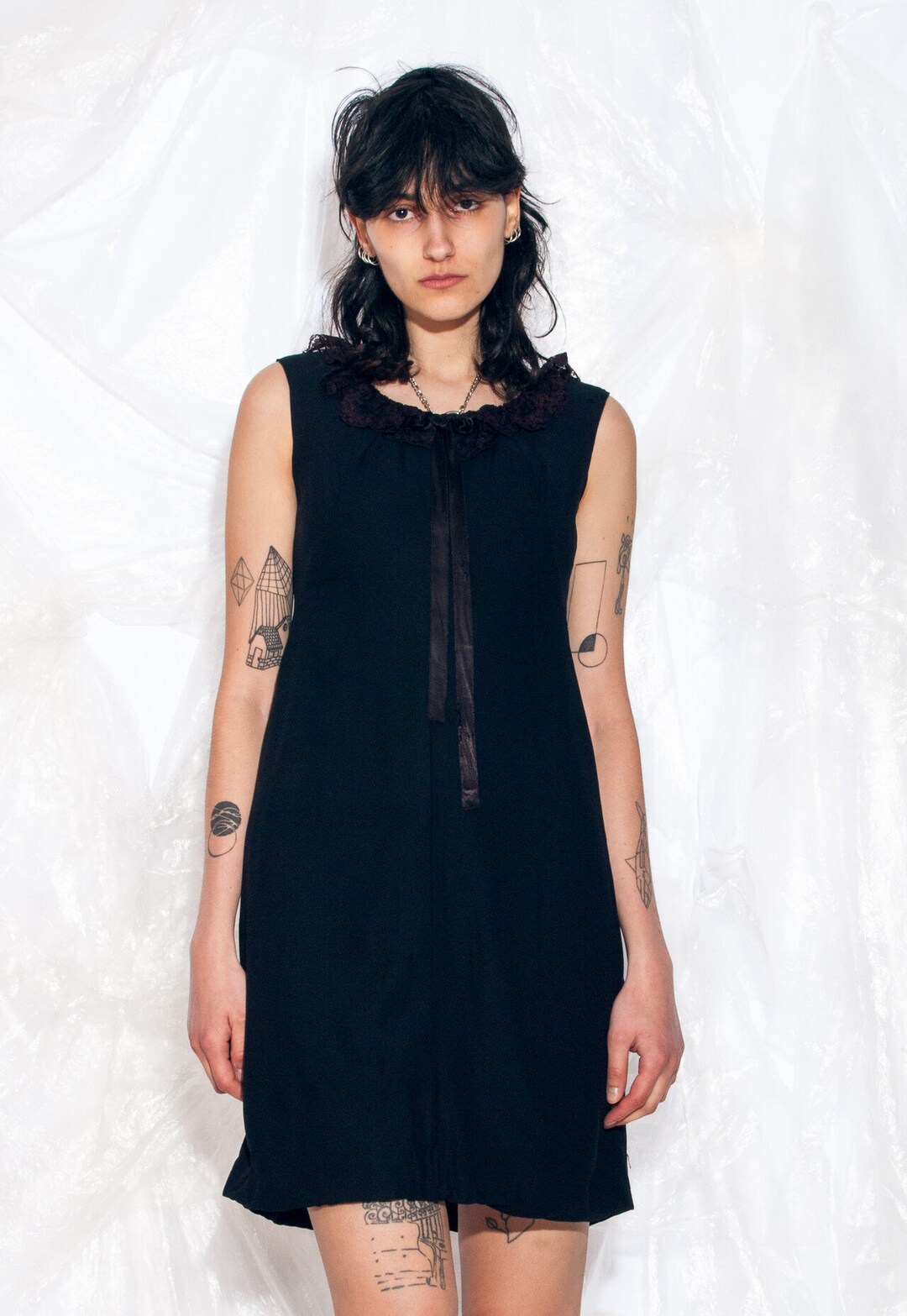 Vintage 60s Mini Dress in Black With Lace Neck 1960s Goth Whimsigoth ...