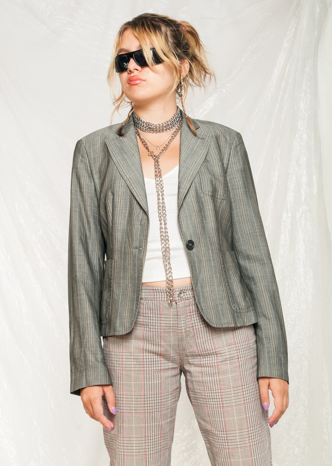 Vintage Sisley Blazer Y2K Preppy Jacket in Silver Viscose Wool 2000s ...