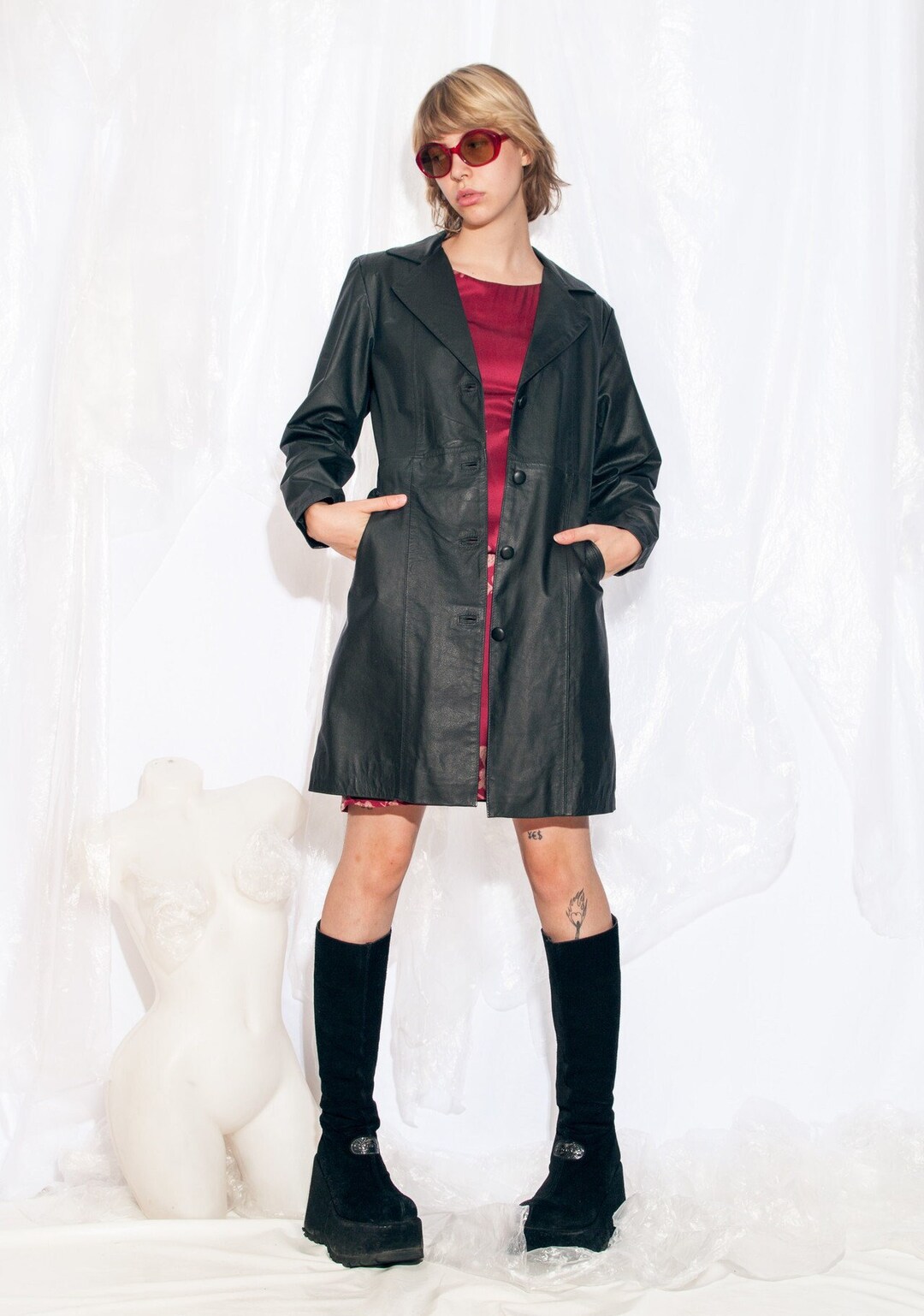 Vintage Y2K Leather Coat in Black Matrix Style 2000s Maxi Coat Real ...