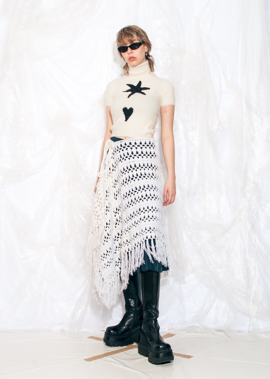 Vintage 70s Reworked Scarf Midi Skirt in White Crochet 1970s Boho ...