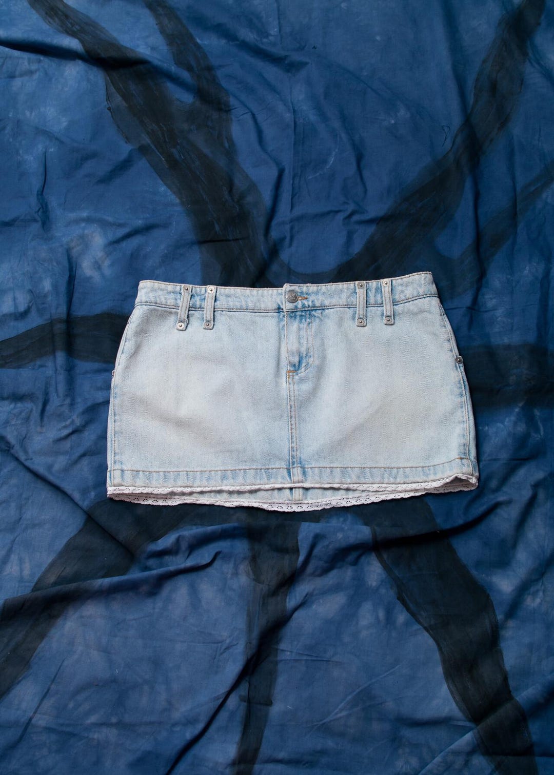 Vintage Y2K Denim Micro Skirt in Blue - 2000s Lace Hem Low Rise Mini ...
