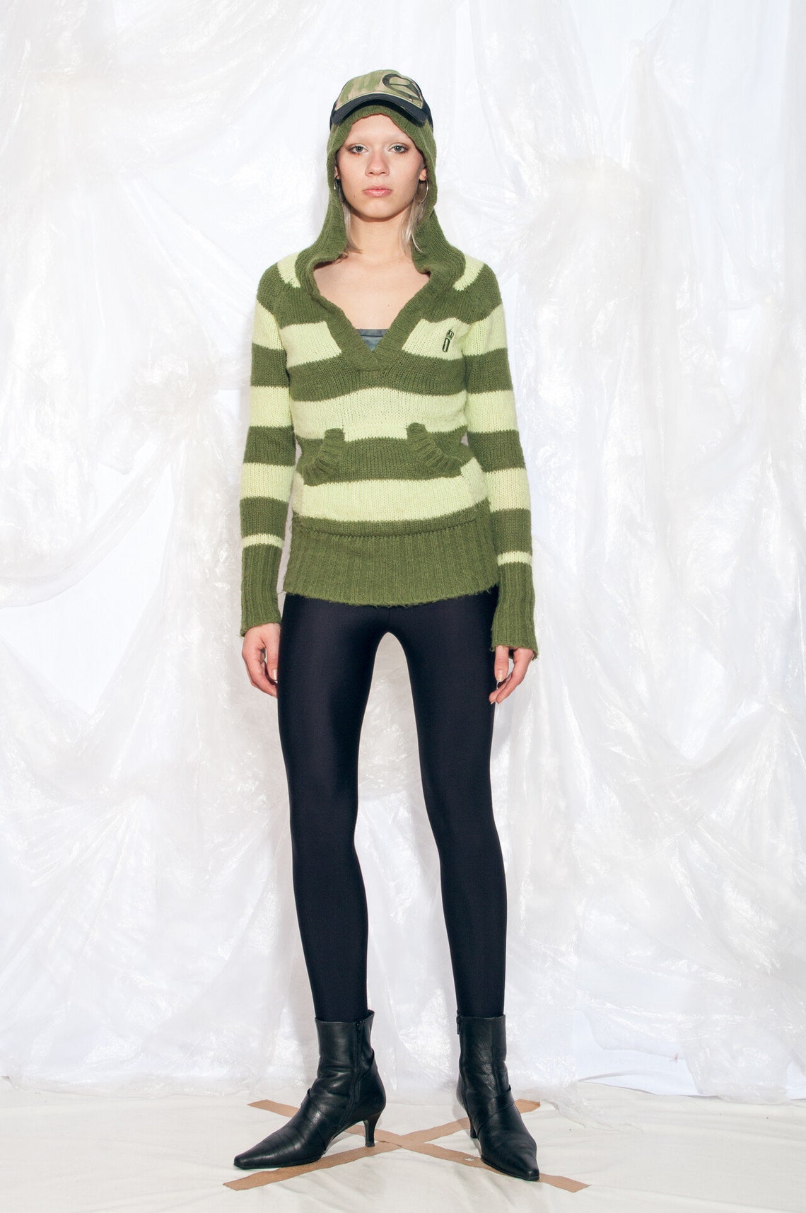 Vintage Y2K Hooded Knit Jumper in Green Striped 2000s Knitted Hoodie ...