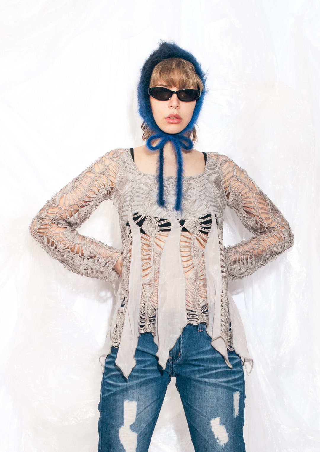 Vintage Y2K Crocheted Top in Grey Fairycore Lace 2000s Boho Hippie See ...
