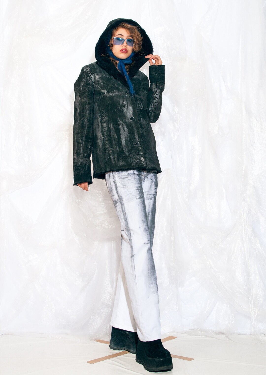 Vintage Y2K Reworked Hand Painted Leather Coat in Black 2000s Shearling ...