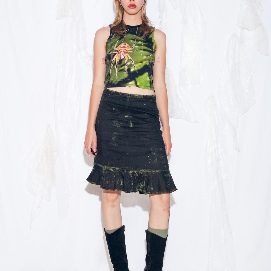 Reworked Vintage Y2K Linen Skirt in Black Dirty Painted - 2000s Dirty ...